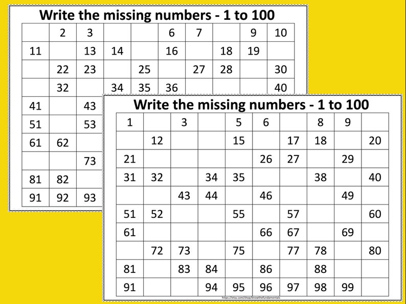 Fill in the Missing Numbers | Missing Numbers 1 to 100 | 1000's Chart ...