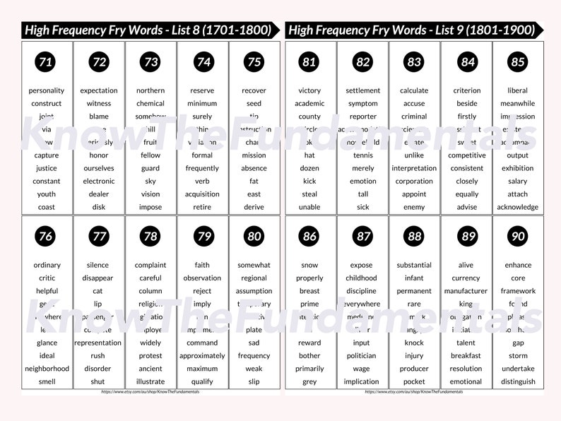 1001 to 2000 Fry's High Frequency Sight Words Printable Worksheet ...
