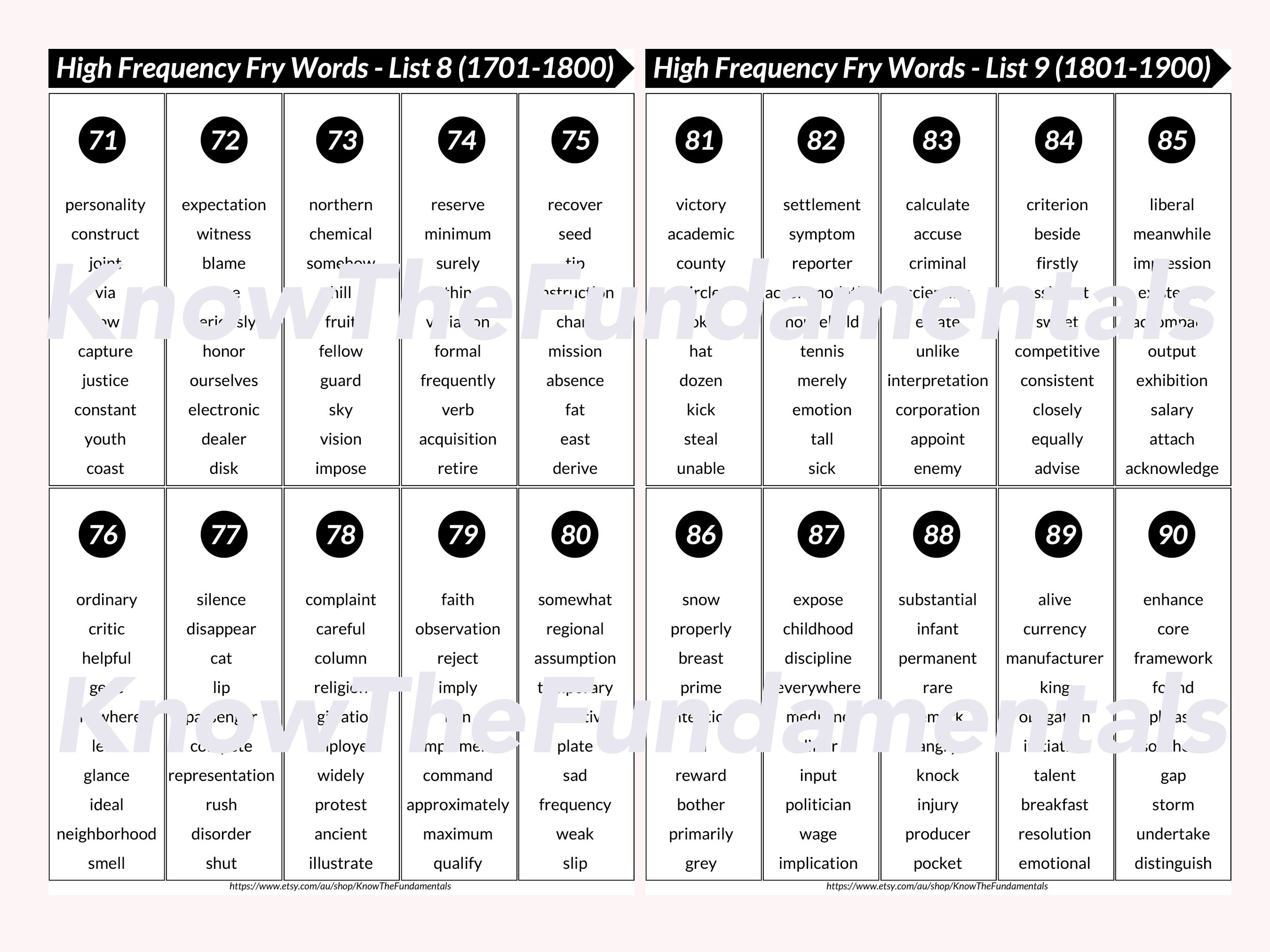 1001 to 2000 Fry's High Frequency Sight Words Printable Worksheet ...