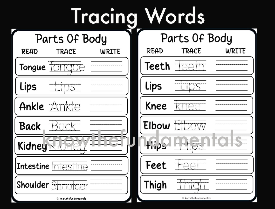 Tracing Worksheets Handwriting Practice Sheet First Body Parts Name ...