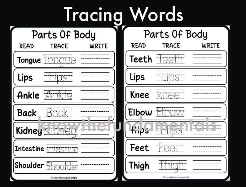Tracing Worksheets Handwriting Practice Sheet First Body Parts Name ...
