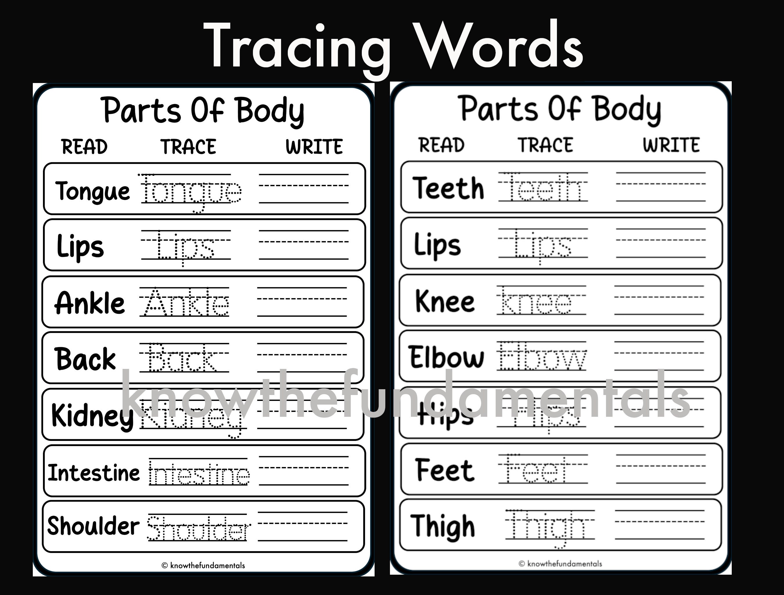 Tracing Worksheets Handwriting Practice Sheet First Body Parts Name ...