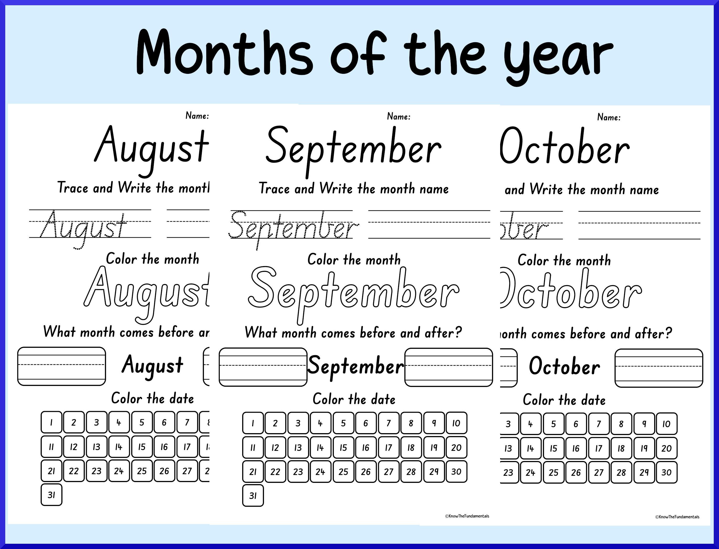 Months of the Year Name Tracing Worksheets Activity Printable Preschool ...