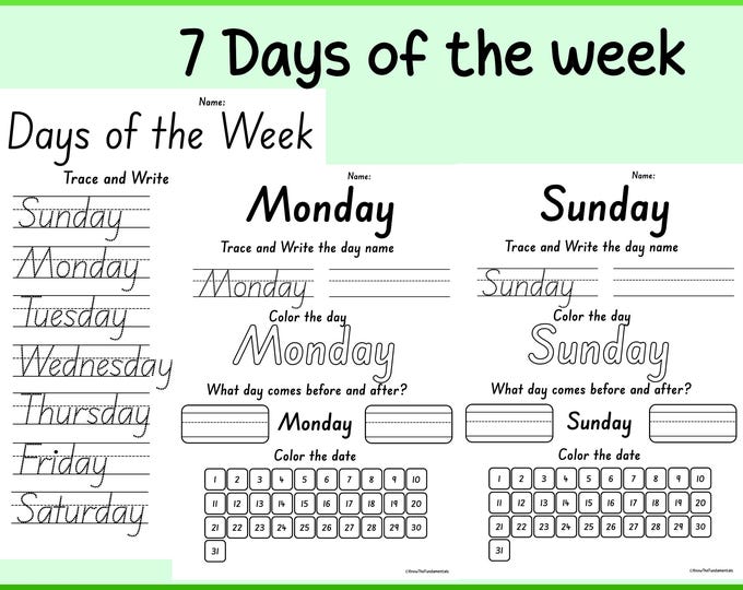 Days of the Week Worksheets Printable for Preschool & Kindergarten ...