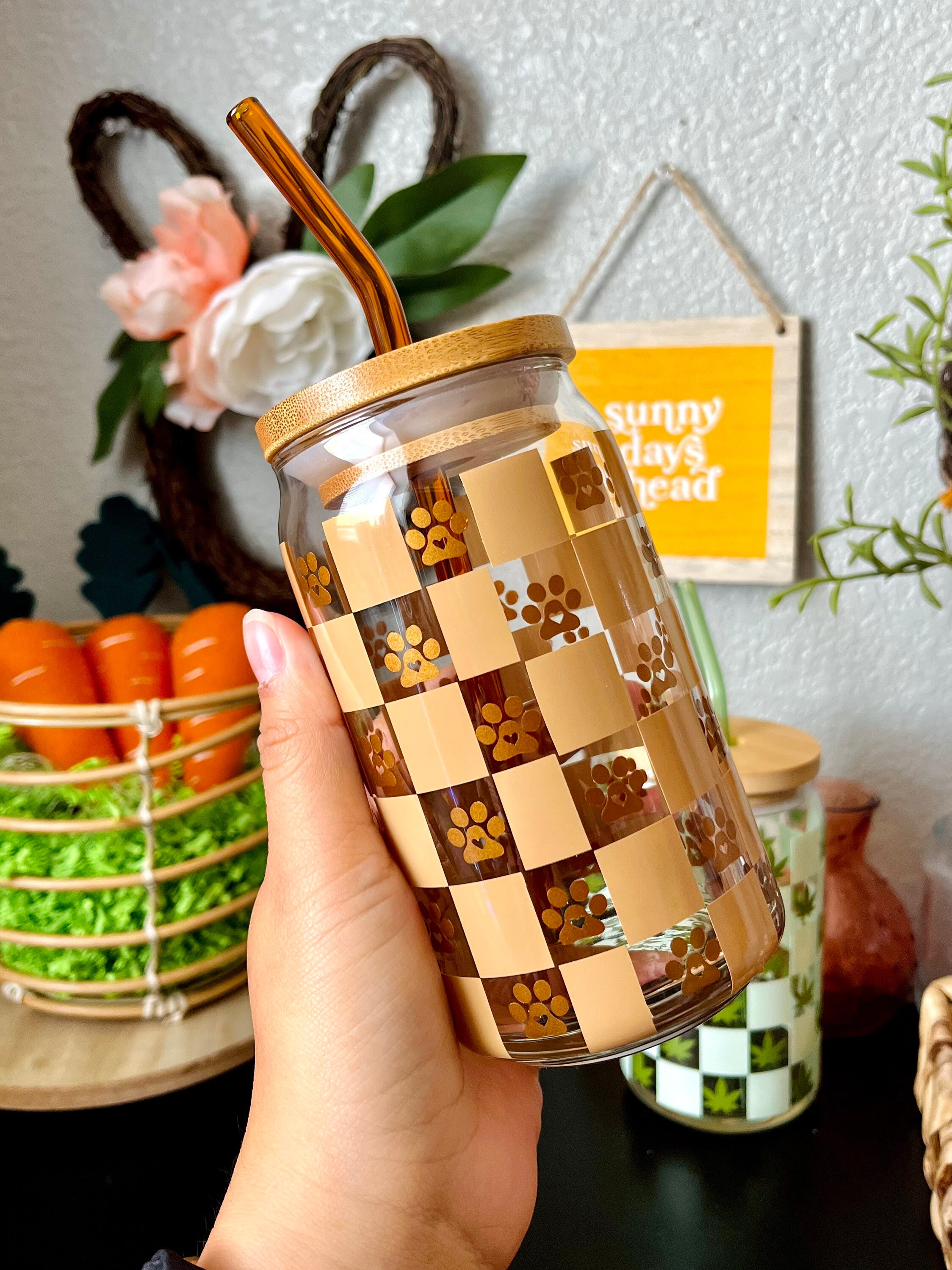 Checkered Paws 16 Oz Beer Can Glass Spring Cup Self Love Iced Coffee ...