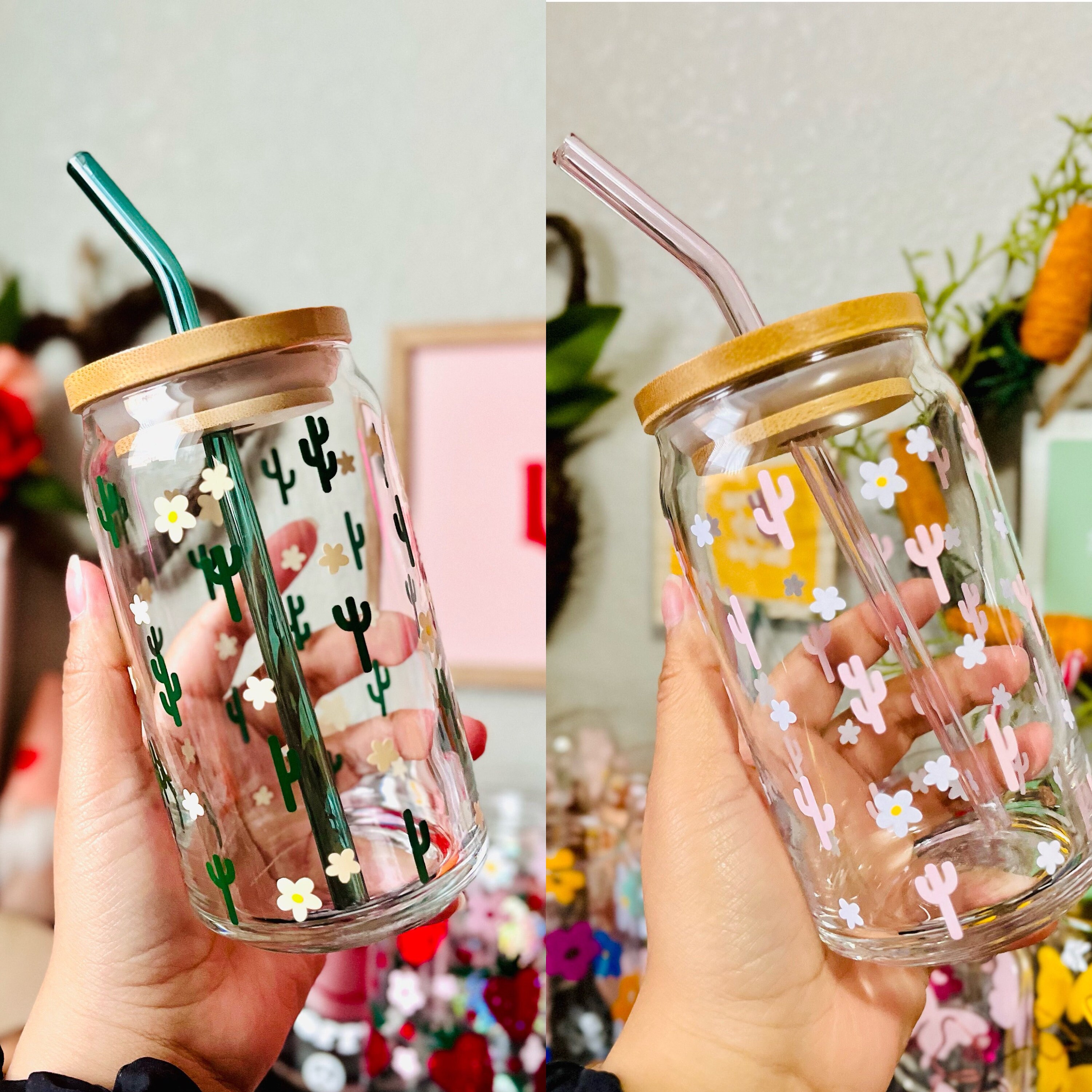 Floral Cactus Daisies 16 Oz Beer Can Glass Valentines Day - Etsy