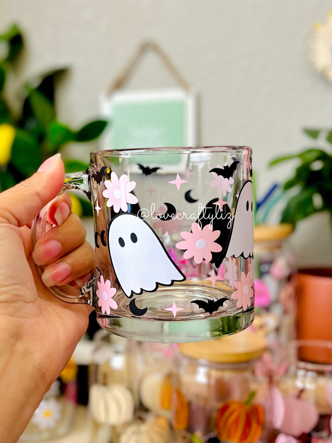Cute Ghosts Pink Daisies Bats Glass Mug | Coffee Cup| Gift | Halloween | Cafecito | Fall Autumn ...