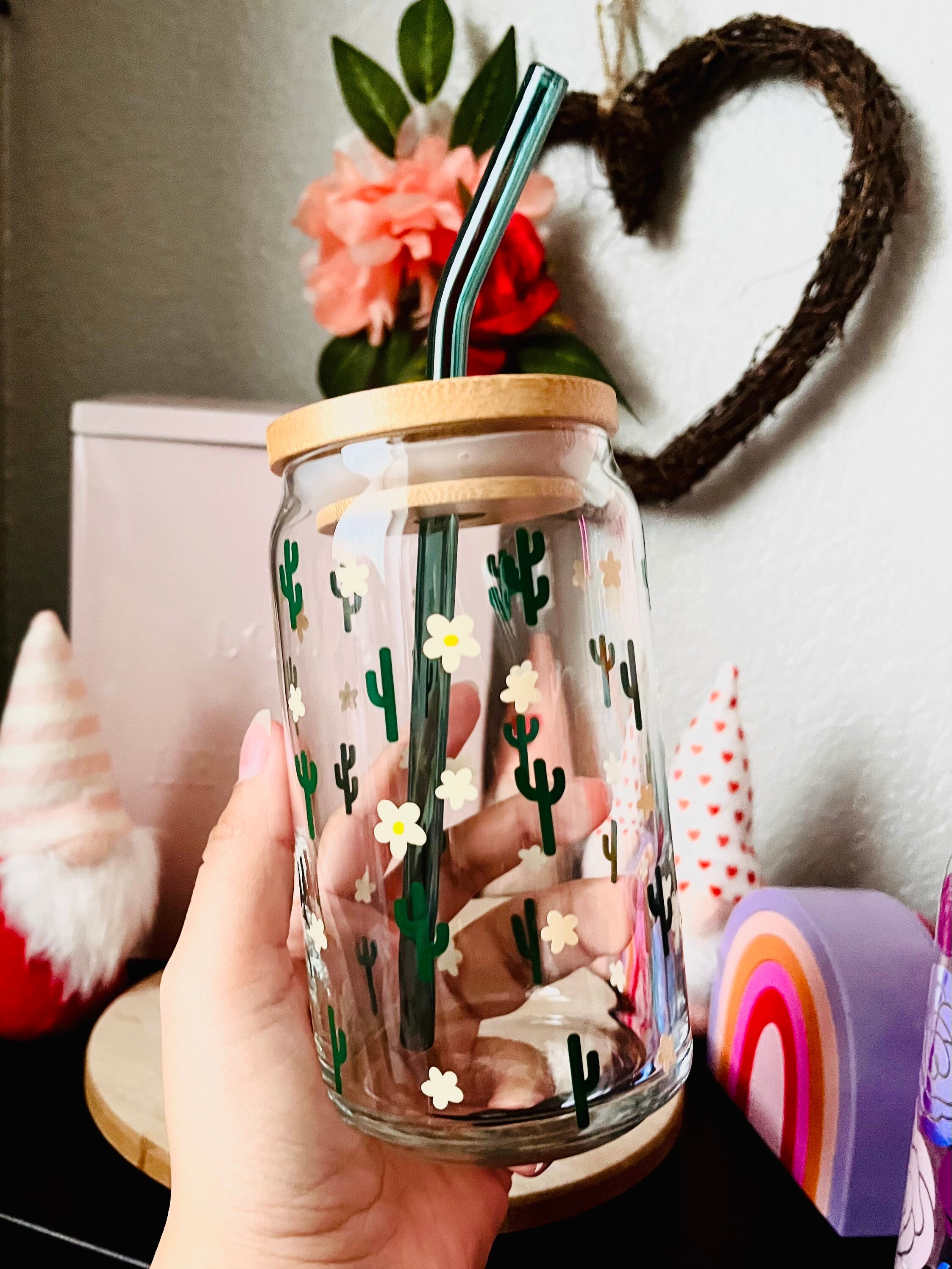 Floral Cactus Daisies 16 Oz Beer Can Glass | Valentines Day | Spring ...