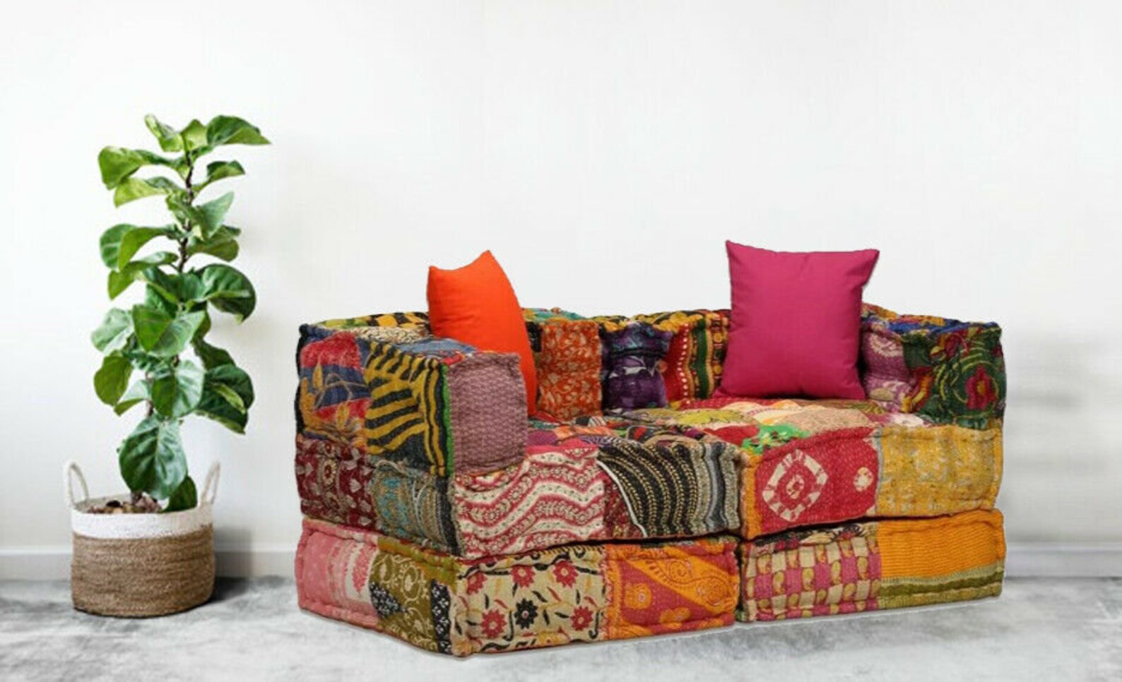 Handmade Kantha Patchwork Floor Sofa: Bohemian Ottoman, Vintage Style ...