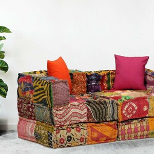 Handmade Kantha Patchwork Floor Sofa: Bohemian Ottoman, Vintage Style ...