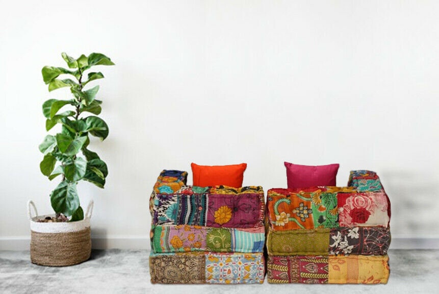 Handmade Kantha Patchwork Floor Sofa: Bohemian Ottoman, Vintage Style ...