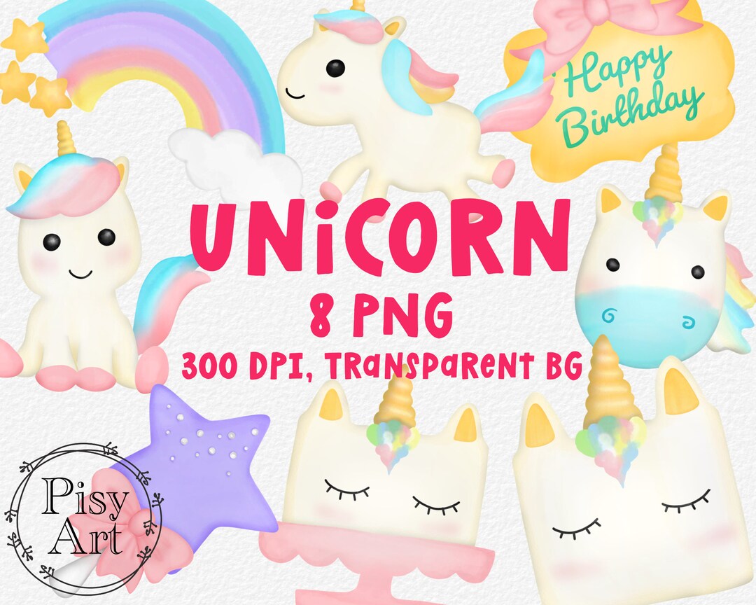 Cute Unicorn Clipart, Unicorn Happy Birthday Bundle, PNG Watercolor ...