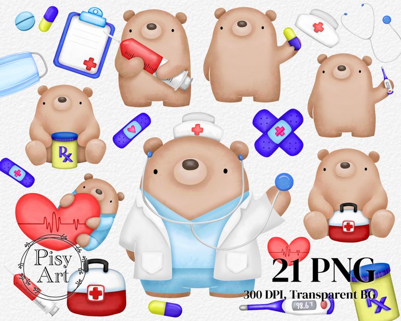 Nurse and Medical Bear PNG Bundle is the Watercolor Hand Drawn Clipart ...