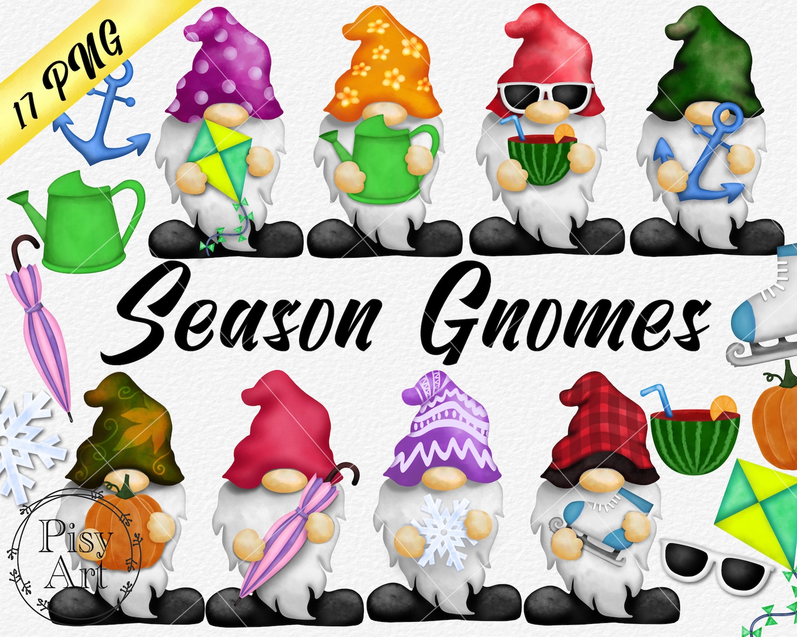 SEASON Gnomes, Happy 4 Season Activities Watercolor Clipart, Gnomes PNG ...