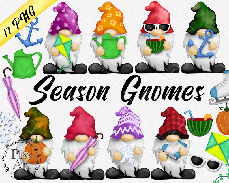 SEASON Gnomes, Happy 4 Season Activities Watercolor Clipart, Gnomes PNG ...