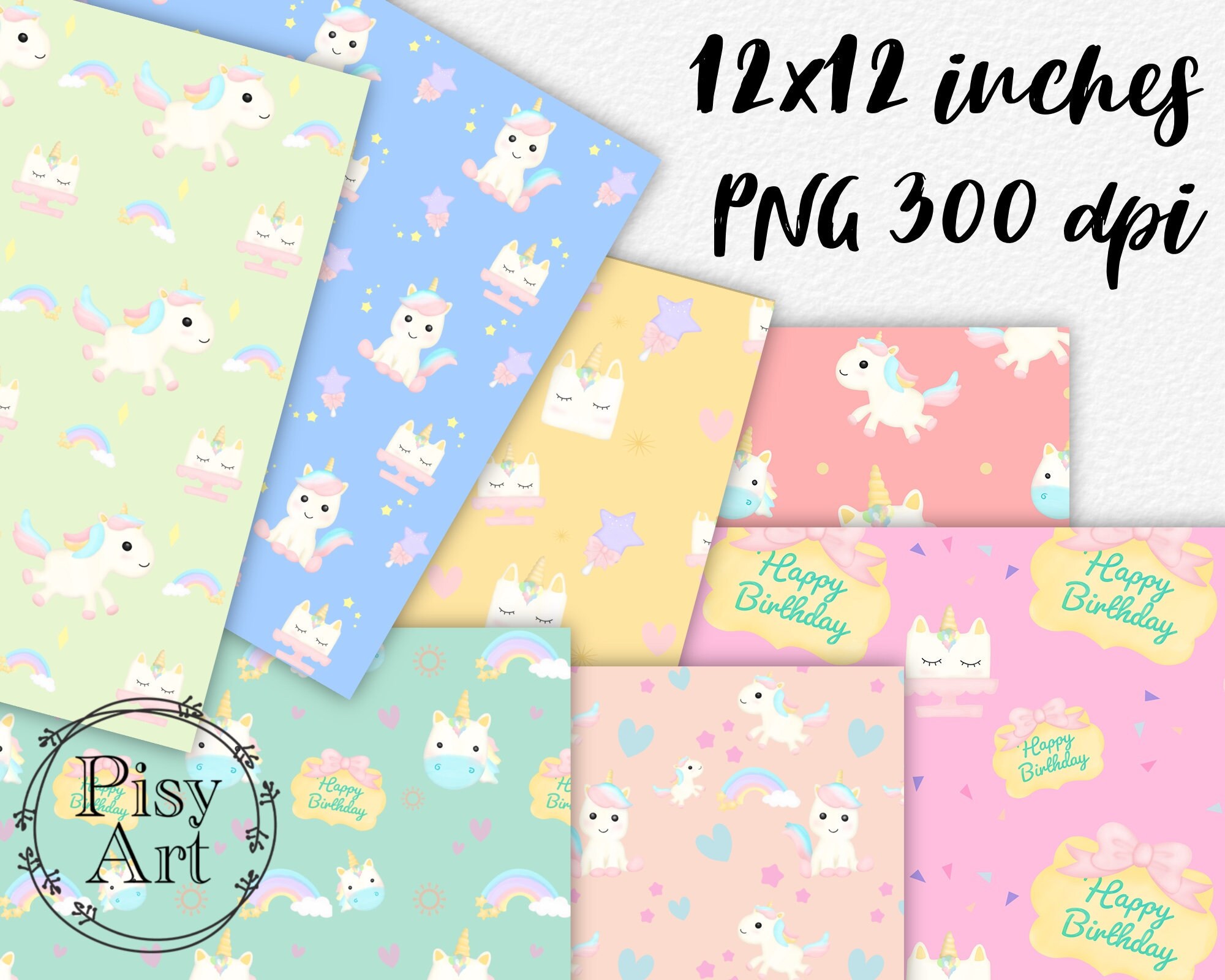 Pastel Unicorn Birthday Seamless Pattern, Unicorn Set Watercolor ...