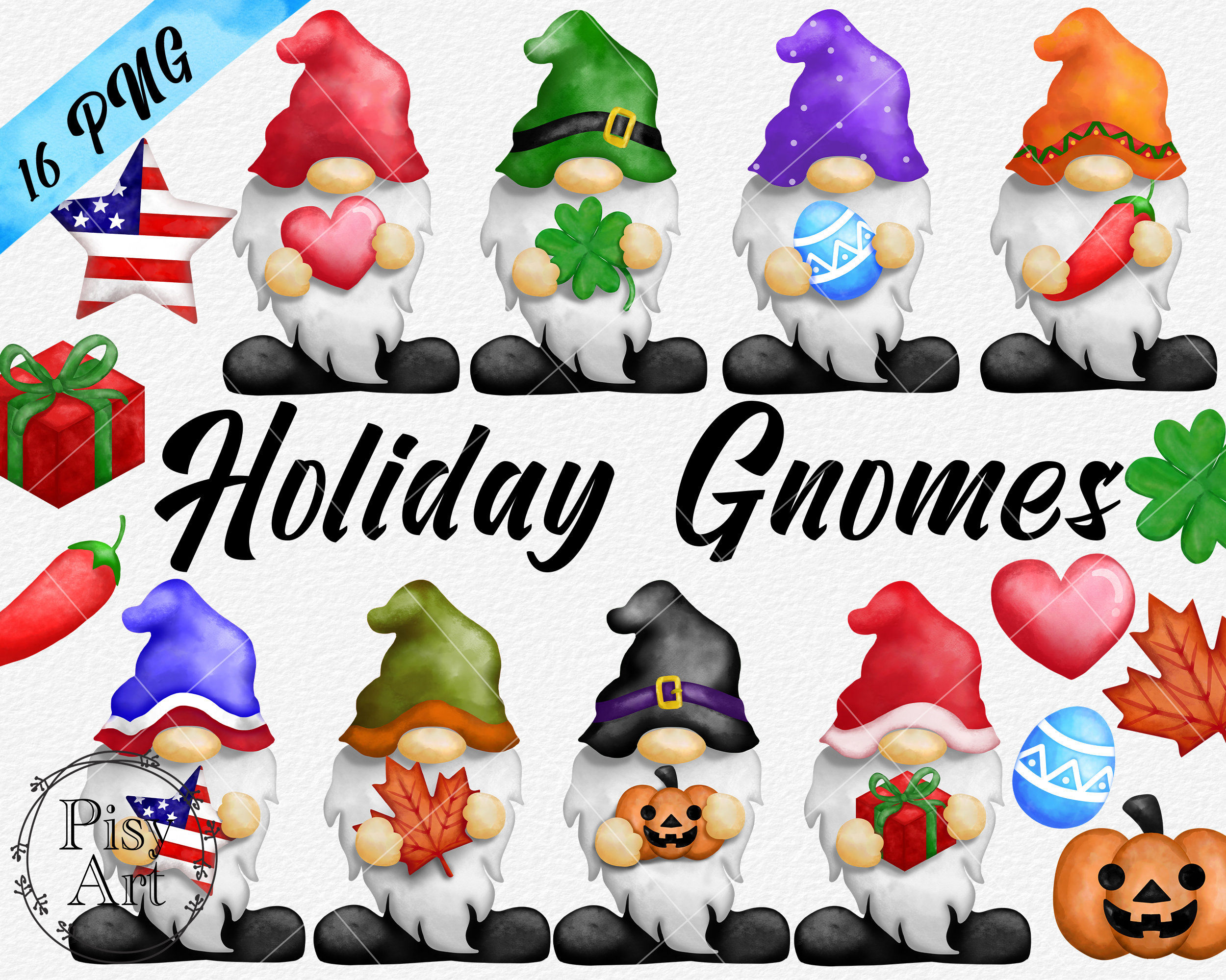 HOLIDAY Gnomes, Happy Holiday Watercolor Clipart, Gnomes PNG, Digital ...