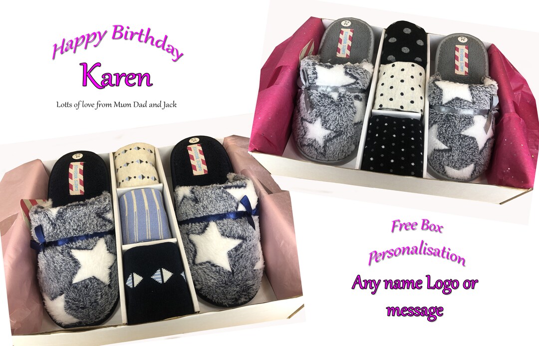 Slipper Gift Set, Ladies Mule 3 Pairs Socks, Birthday Christmas ...