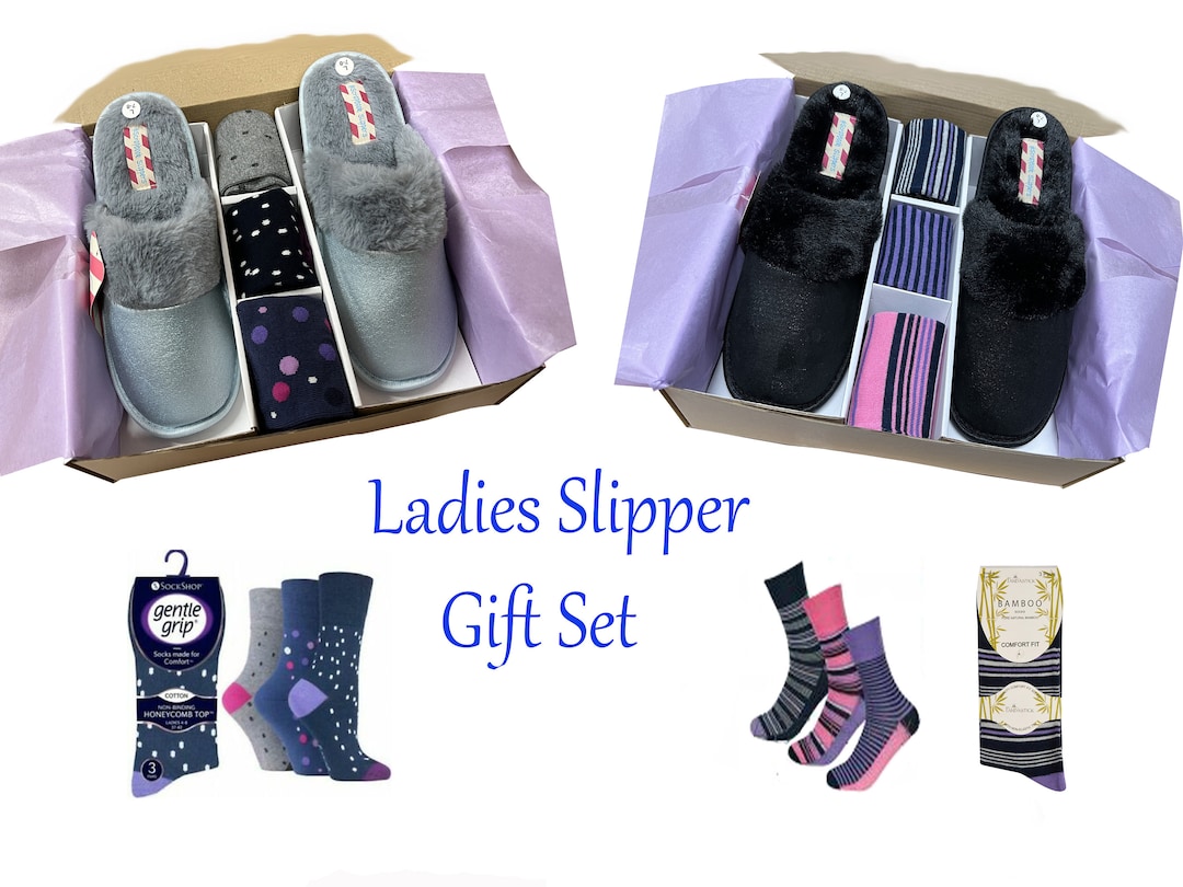 Slipper Gift Set, Ladies Mule & 3 Pairs Socks, Birthday Christmas and ...