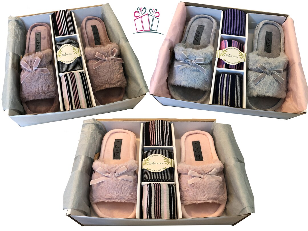 Slipper Boxed Gift Set, Ladies Peep Toe Fur Mule's 3 Pairs of Bamboo ...