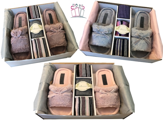 Slipper Boxed Gift Set Ladies Peep Toe Fur Mule's 3 Pairs | Etsy UK