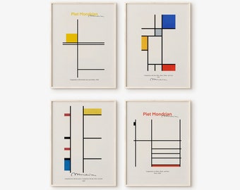 Piet Mondrian Art Bundle, Set of 3 Compositions in White, Black, Red ...