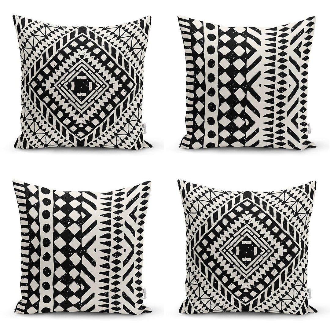 Black and White Ethnic Geometric Drawing Digital Printed 4 Piece ...