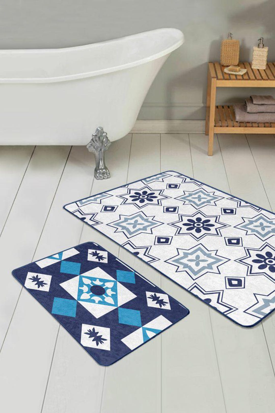 Geometric Drawing Navy Blue Motif 2-piece Bathroom Mat Set & Kitchen ...