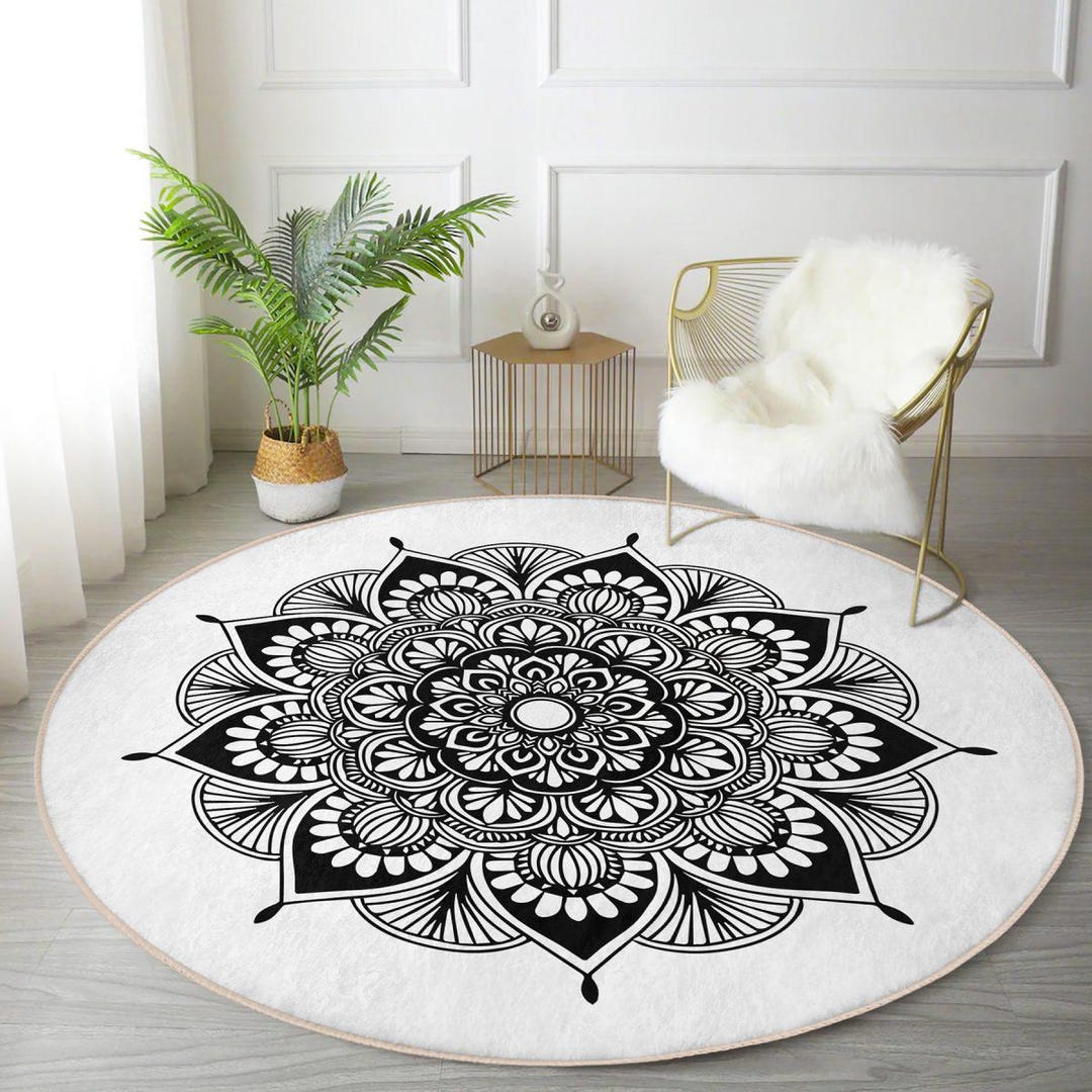 Flower Mandala Round Carpet: Washable Velvet, Non-slip Area Rug - Etsy