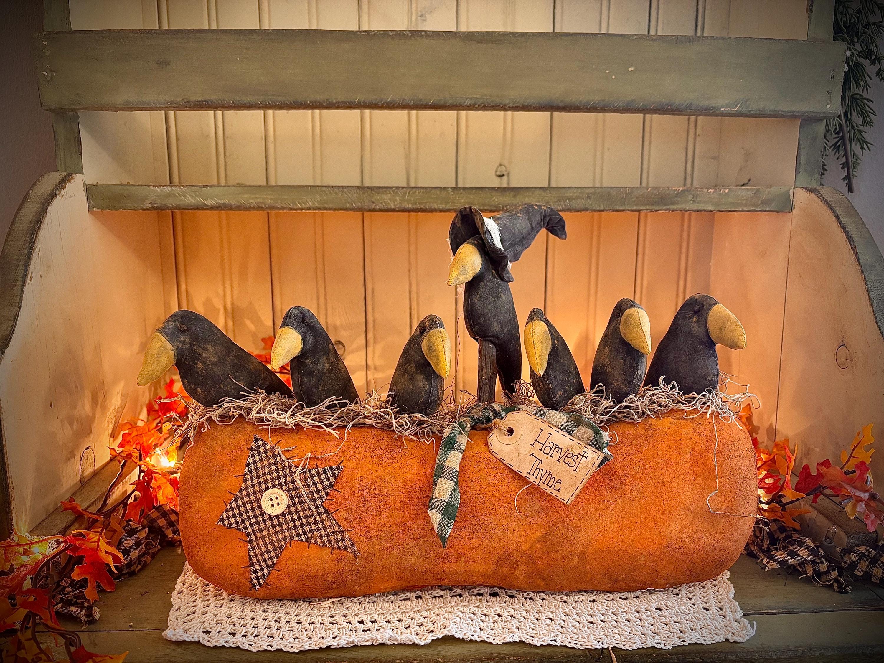 Primitive Fall Pumpkin With Crows Shelf Sitter Farmhouse Halloween ...