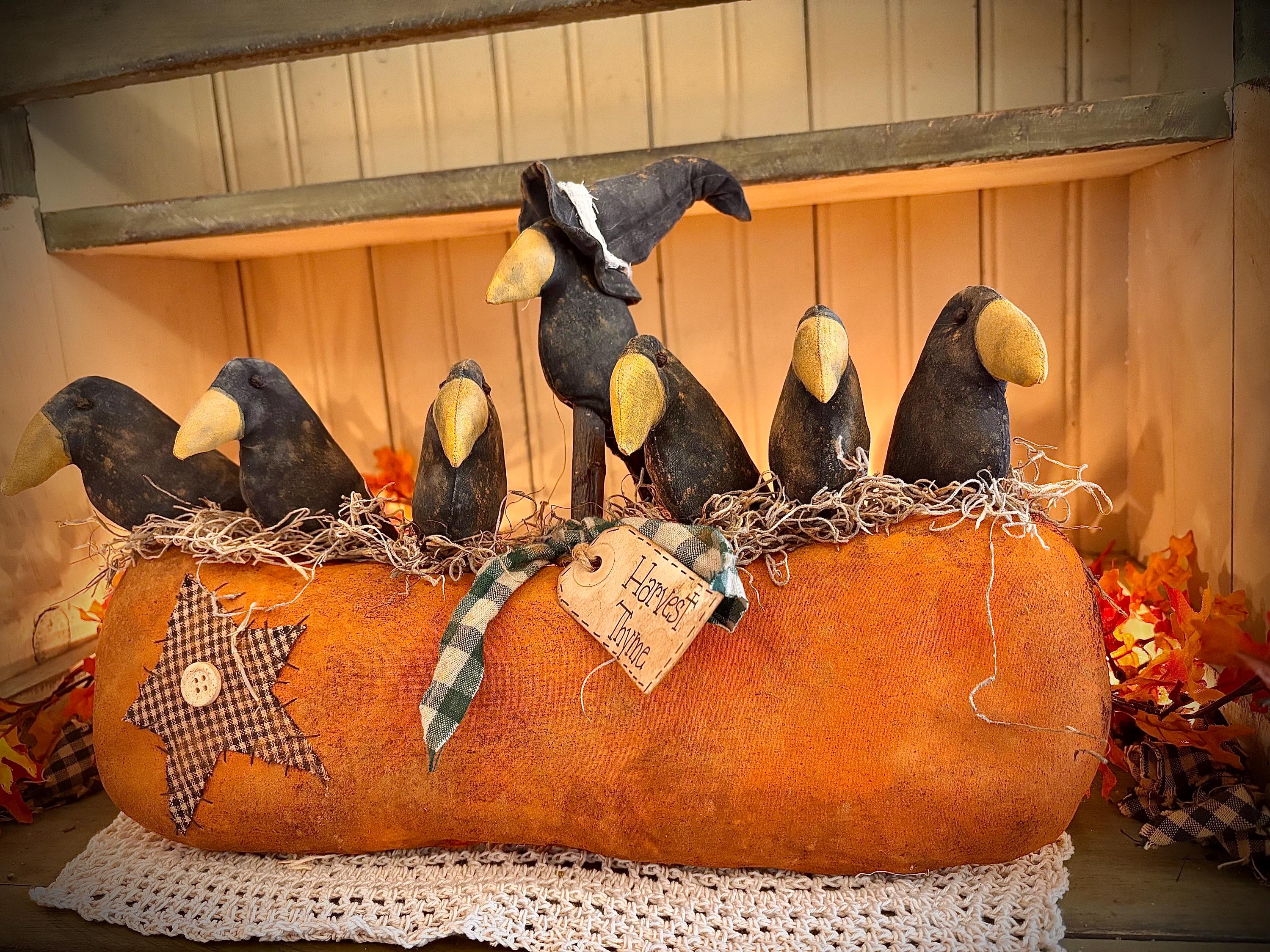 Primitive Fall Pumpkin With Crows Shelf Sitter Farmhouse Halloween ...