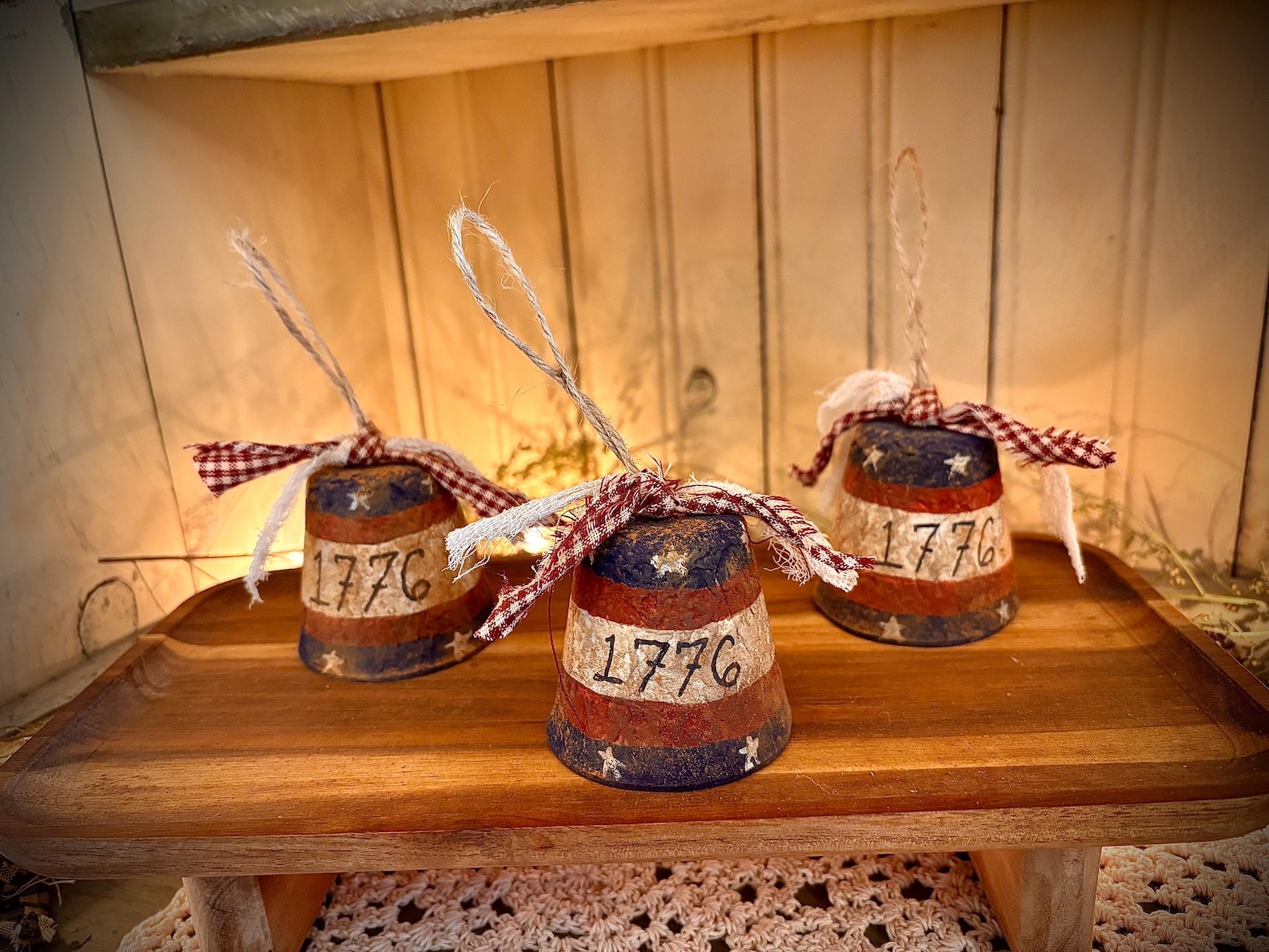 Primitive Americana Bells Hanging Ornies Colonial 1776 Fourth of July ...