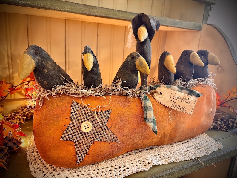 Primitive Fall Pumpkin With Crows Shelf Sitter Farmhouse Halloween ...