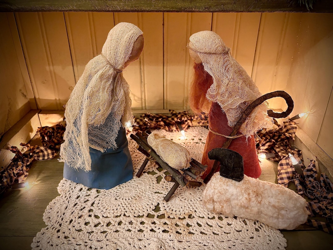 Primitive Nativity Scene Christmas Farmhouse Decor Mary Joseph Jesus ...