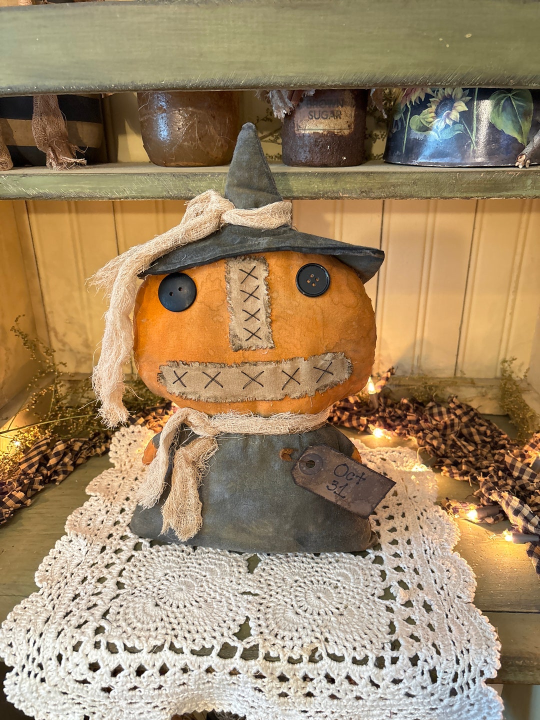 Primitive Pumpkin Witch Halloween Fall Oct 31 Decor Farmhouse Spooky ...