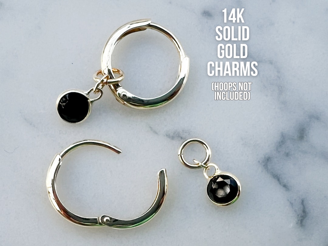 14k Solid Gold Earring Charms - Black Diamond Spinel Gemstone Round Charm for Earring Hoops ...