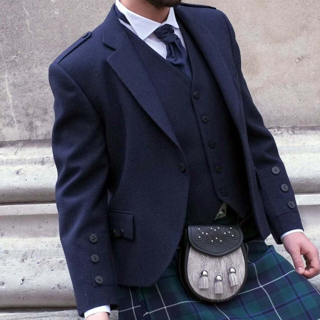Men's Navy Blue Wool Kilt Jacket With Waistcoat Argyle Wedding Kilt ...