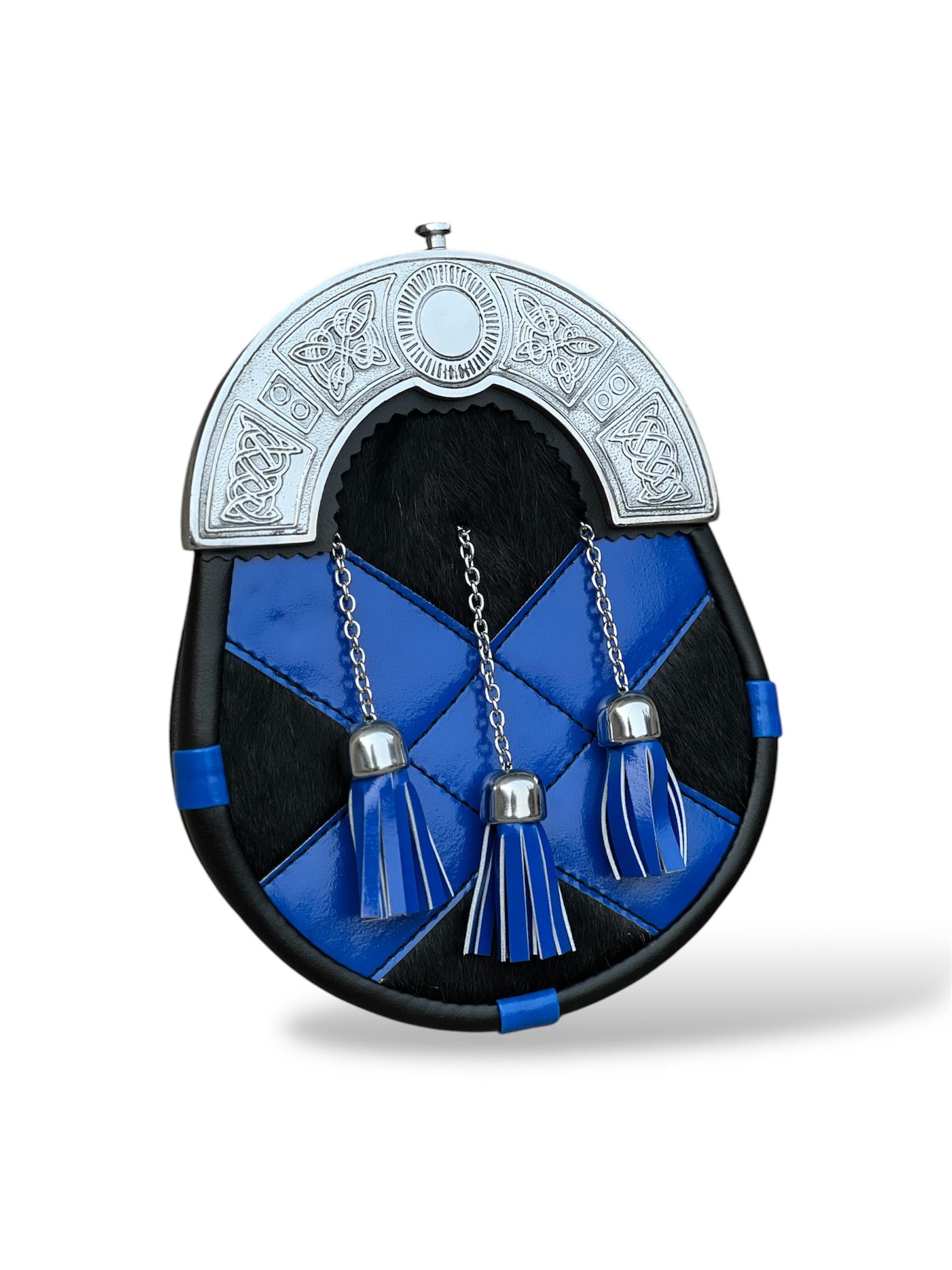 Men's Scottish Black & Blue Leather Sporran 3 Blue Leather Tassel ...