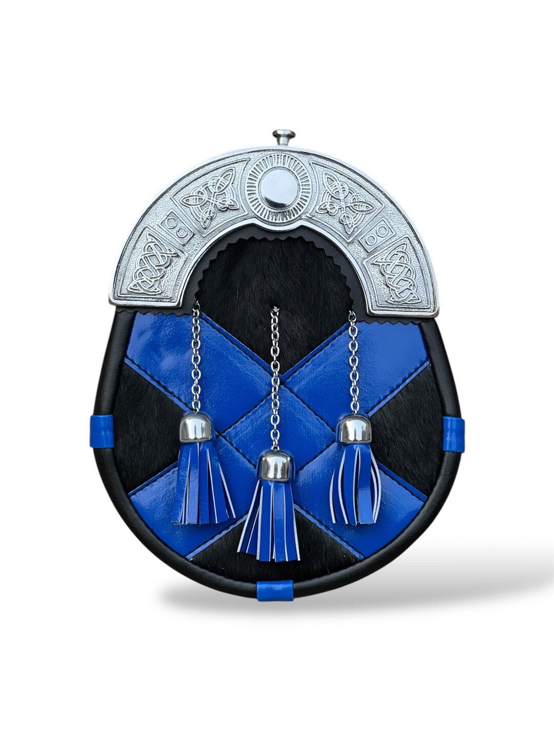 Men's Scottish Black & Blue Leather Sporran 3 Blue Leather Tassel ...