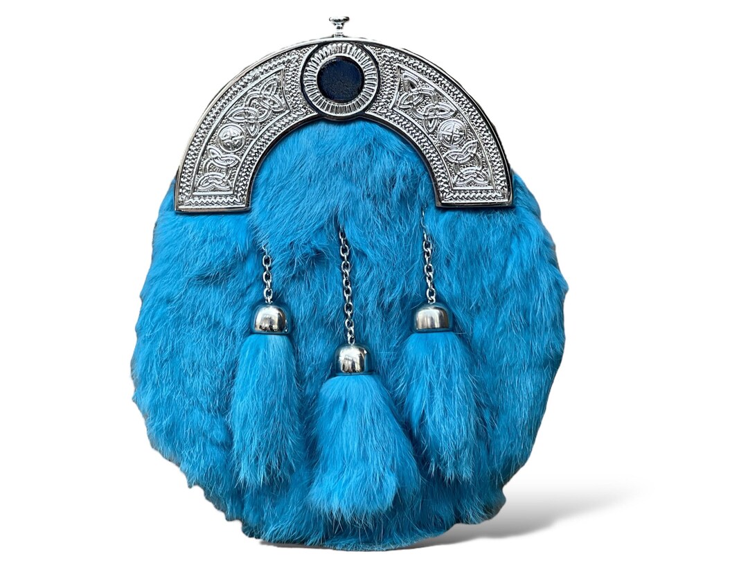 Scottish Sky Blue Fur Sporran 3 Tassels Leather Kilt Sporran With Chain ...
