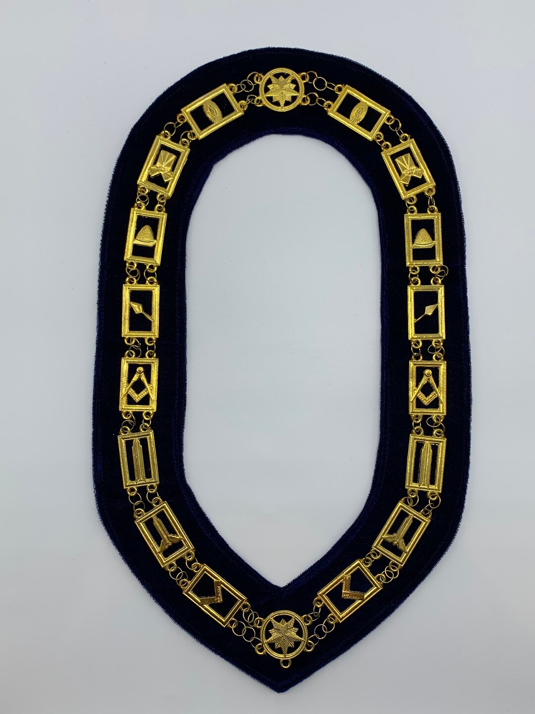 12 Masonic Master Mason Gold Metal Chain Collar on Blue Velvet Masonic ...
