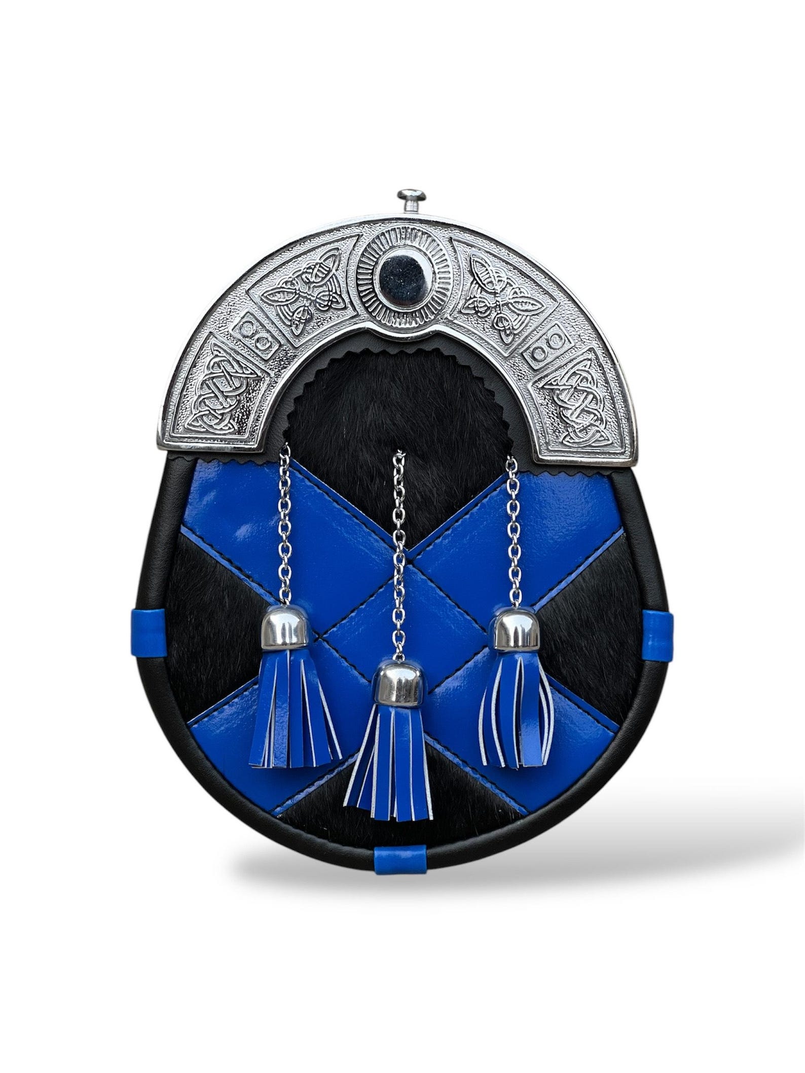 Men's Scottish Black & Blue Leather Sporran 3 Blue Leather Tassel ...