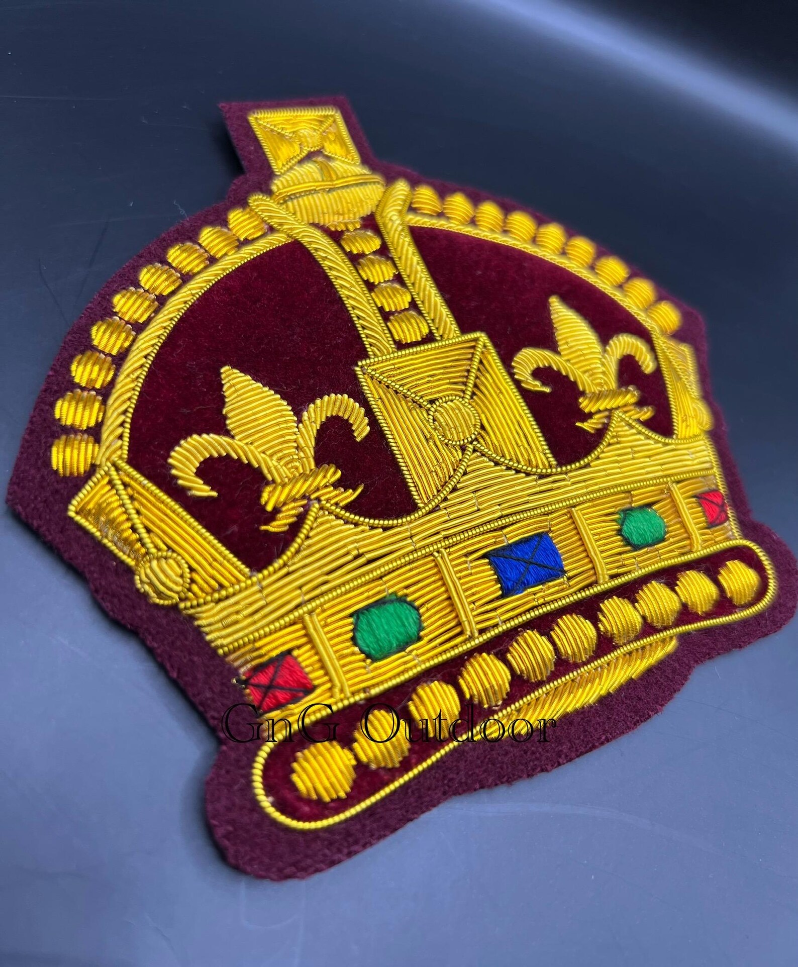 King’s Crown Hand Embroidered Bullion and Wire King’s Crown on Maroon ...