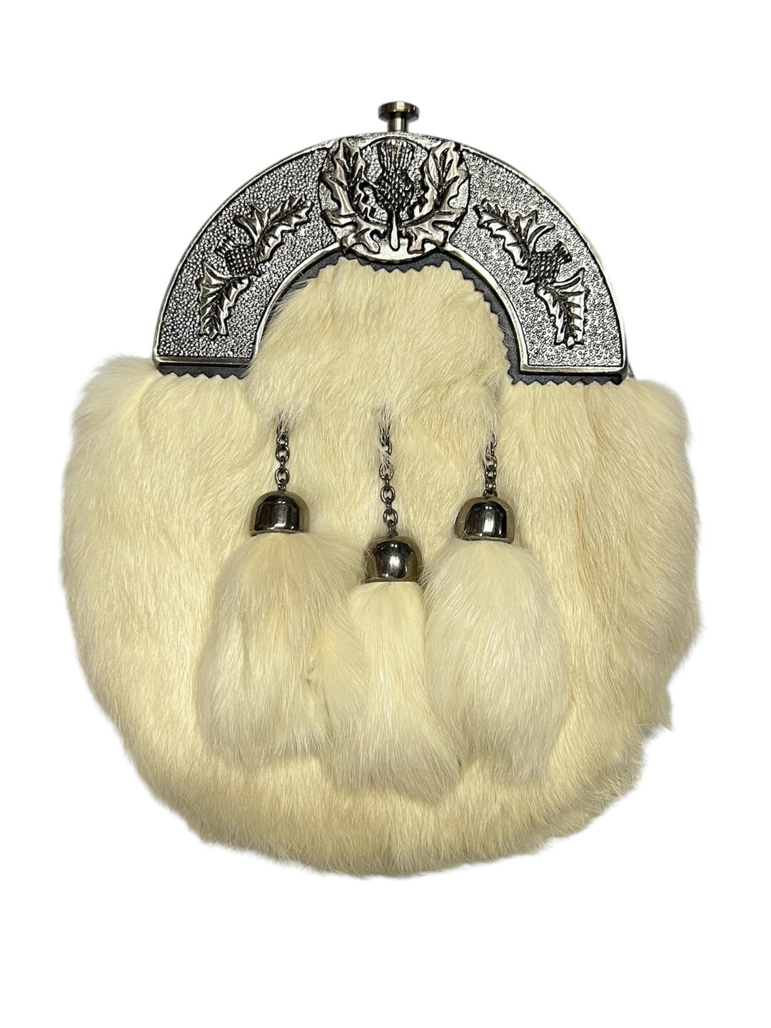 Scottish White Fur Sporran Thistle Cantle 3 Tassels Kilt Sporran With ...