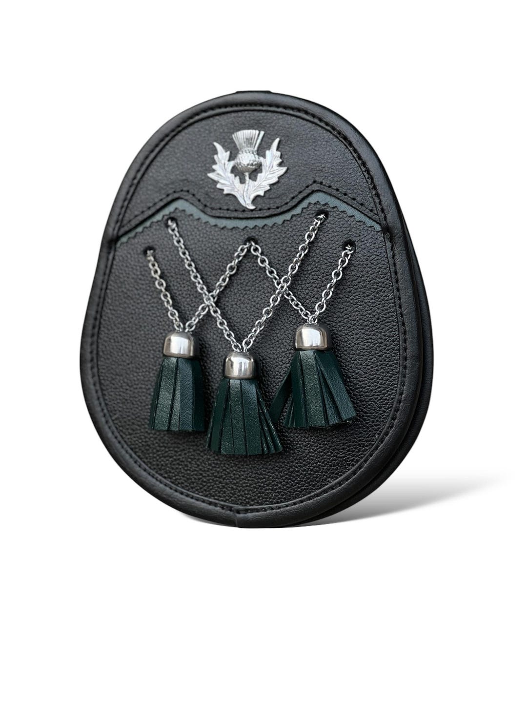 Men's Scottish Thistle Badge Black Leather Sporran | 3 Tassels With ...