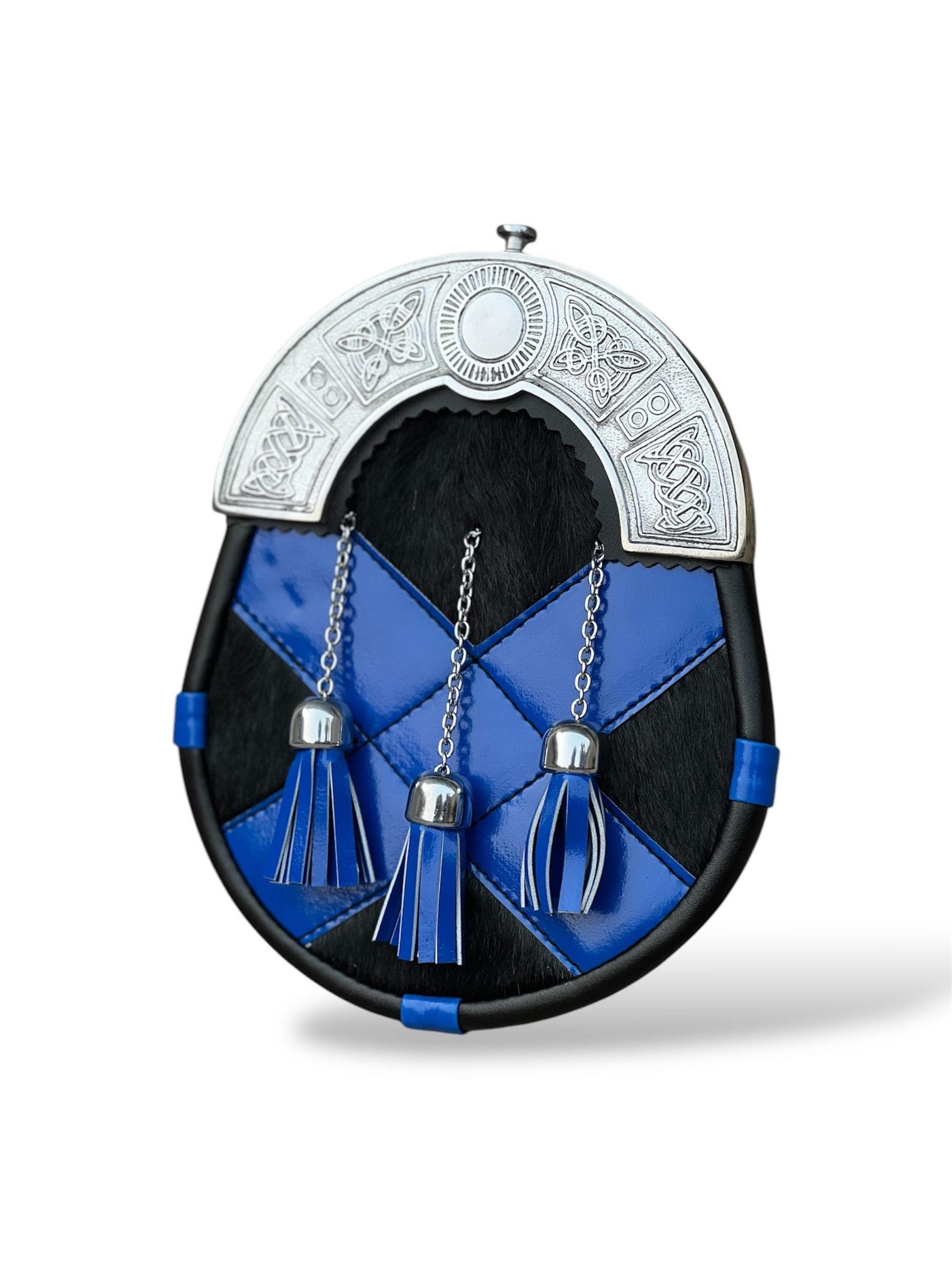 Men's Scottish Black & Blue Leather Sporran 3 Blue Leather Tassel ...