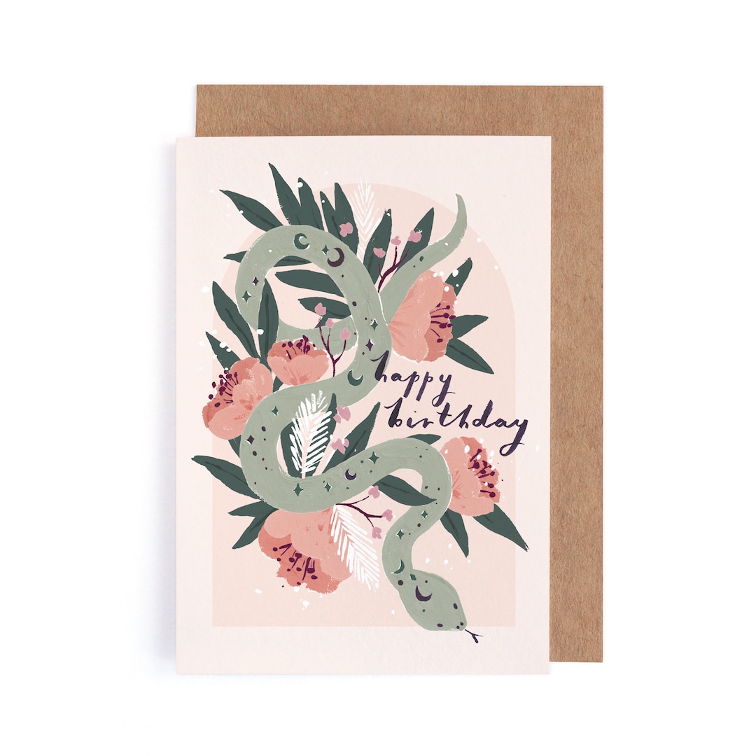 Snake Birthday Card Snake and Flowers Birthday Card Floral Birthday ...