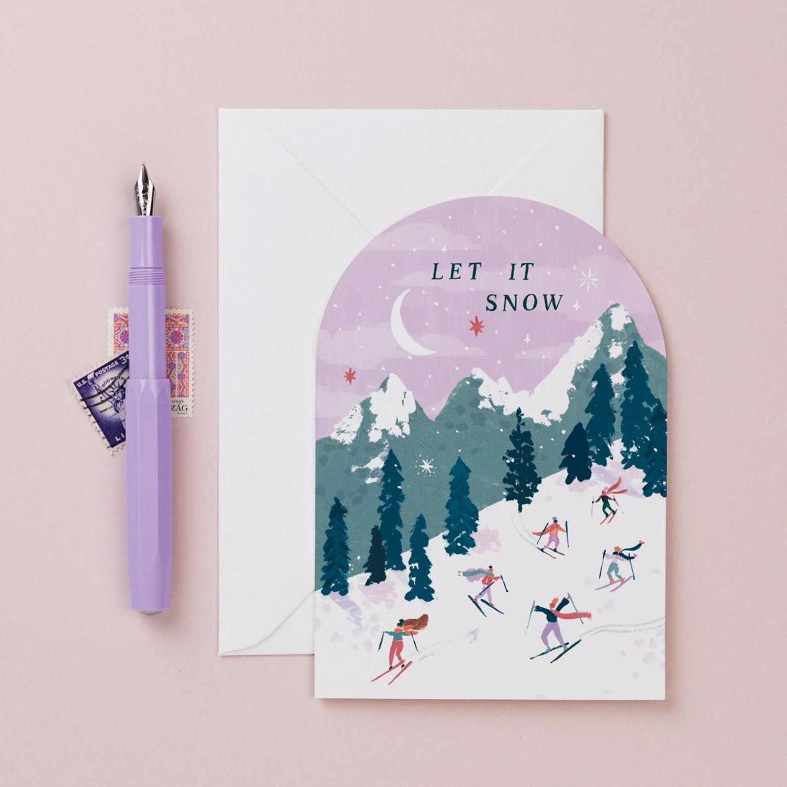Skiers Christmas Card | Let It Snow Christmas Card | Mountain Christmas ...