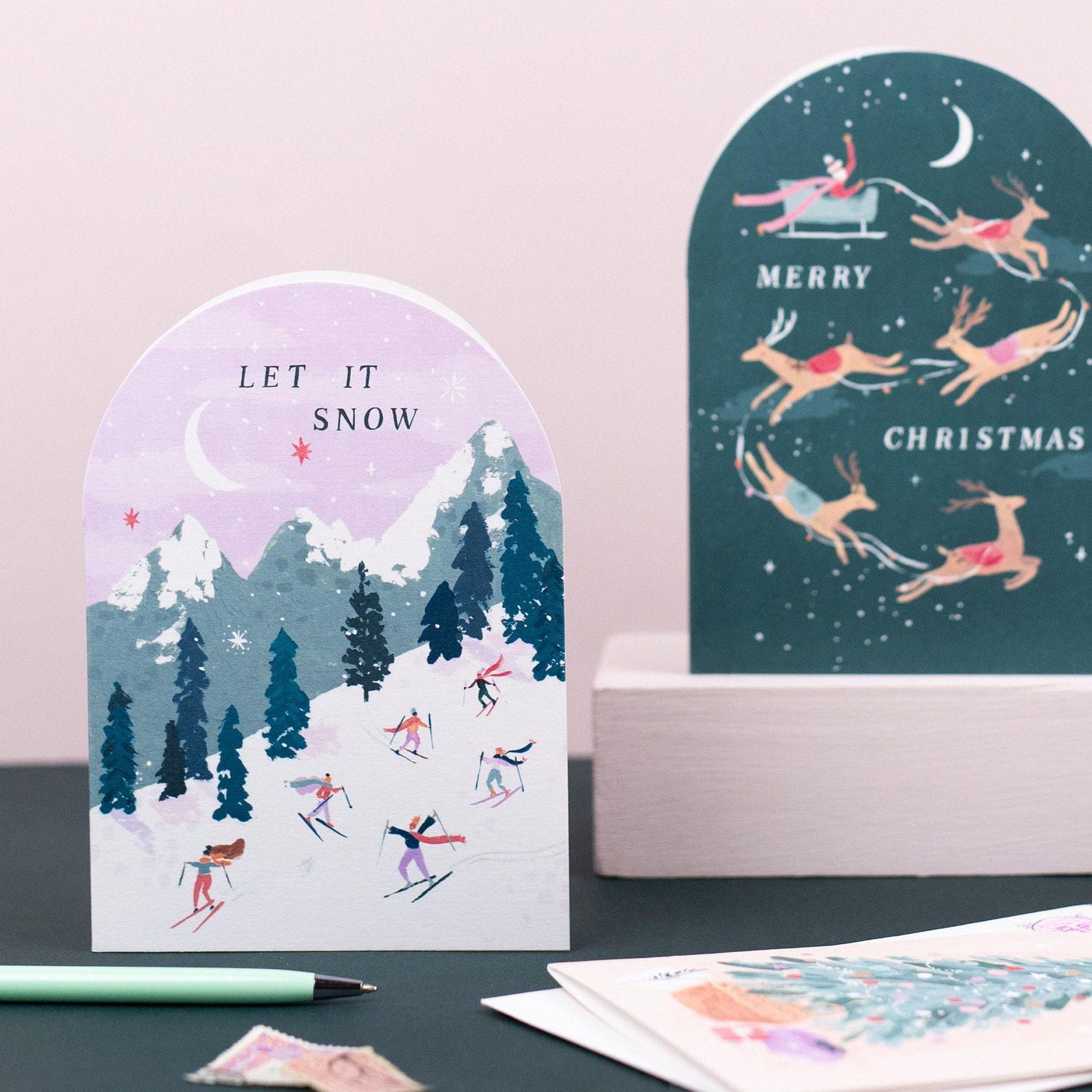 Skiers Christmas Card | Let It Snow Christmas Card | Mountain Christmas ...