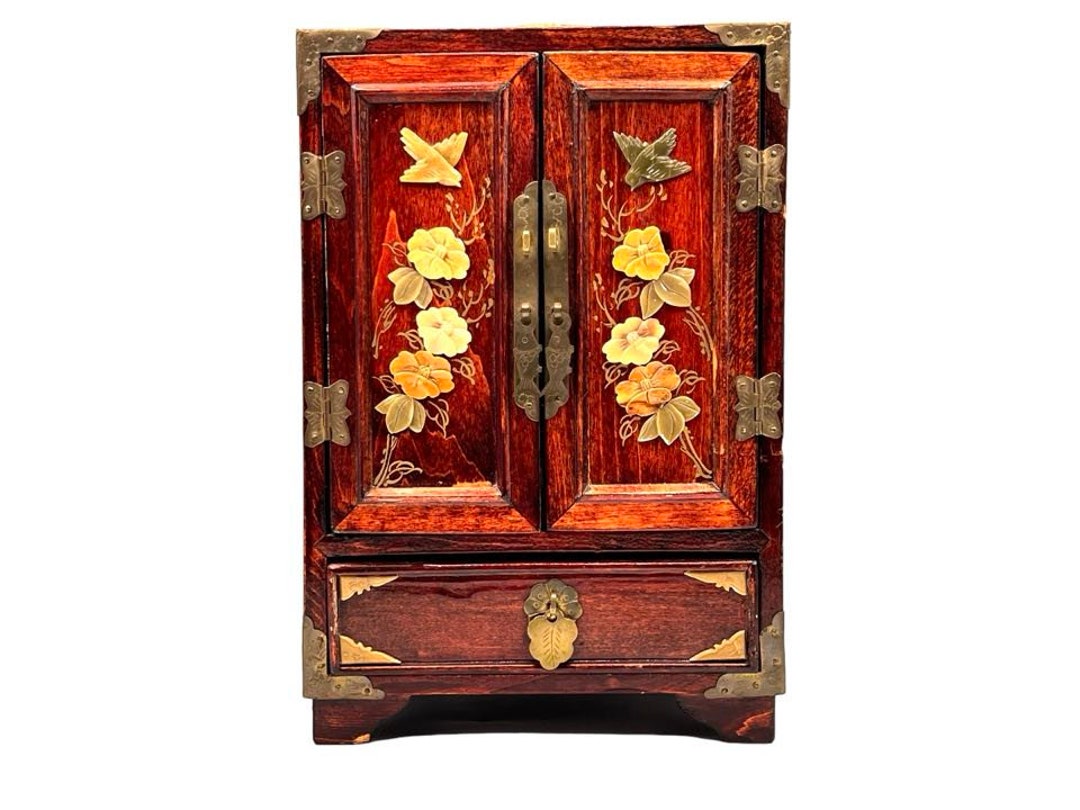 Vintage Asian Jewelry Box, Lacquered Rosewood, Brass Metalwork With ...
